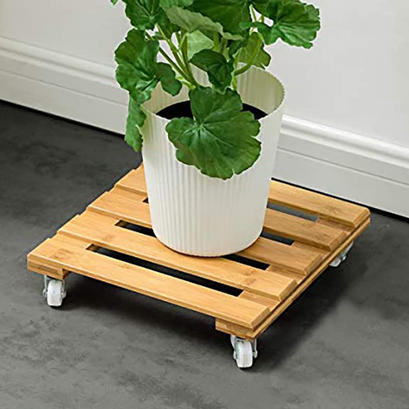 Bamboo Plant Stand With Wheels Mobile Flower Pot Rollers Suitable For